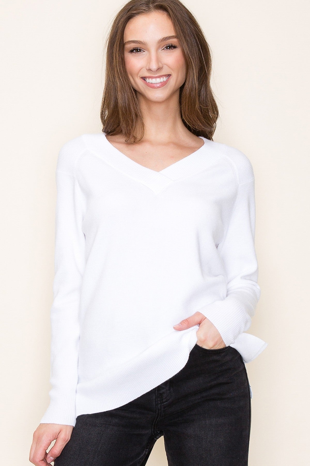 Up All White V-Neck Sweater – Maren + Main Boutique